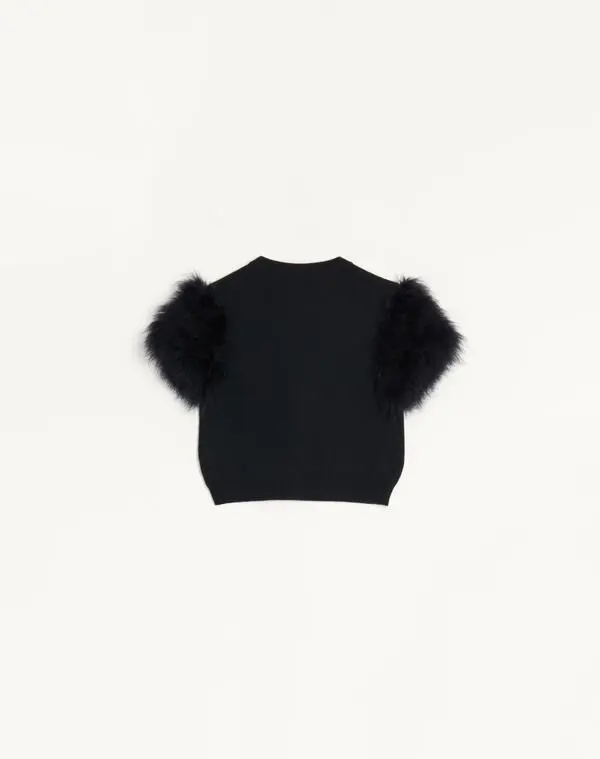 Valentino Garavani Wool Knit Cardigan With Feather Trim