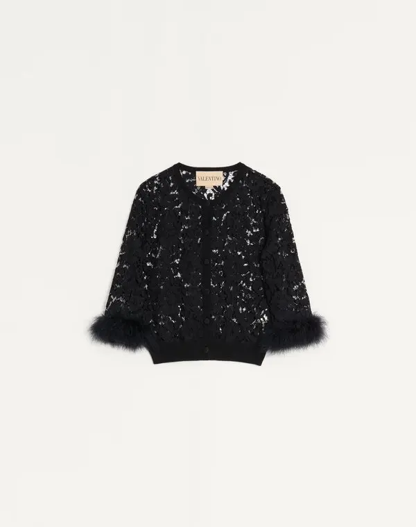 Valentino Garavani Lace And Feather Boa Cardigan - Black