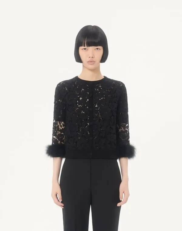 Valentino Garavani Lace And Feather Boa Cardigan