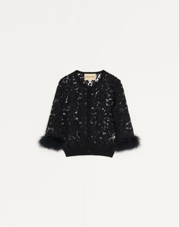Valentino Garavani Lace And Feather Boa Cardigan - Black