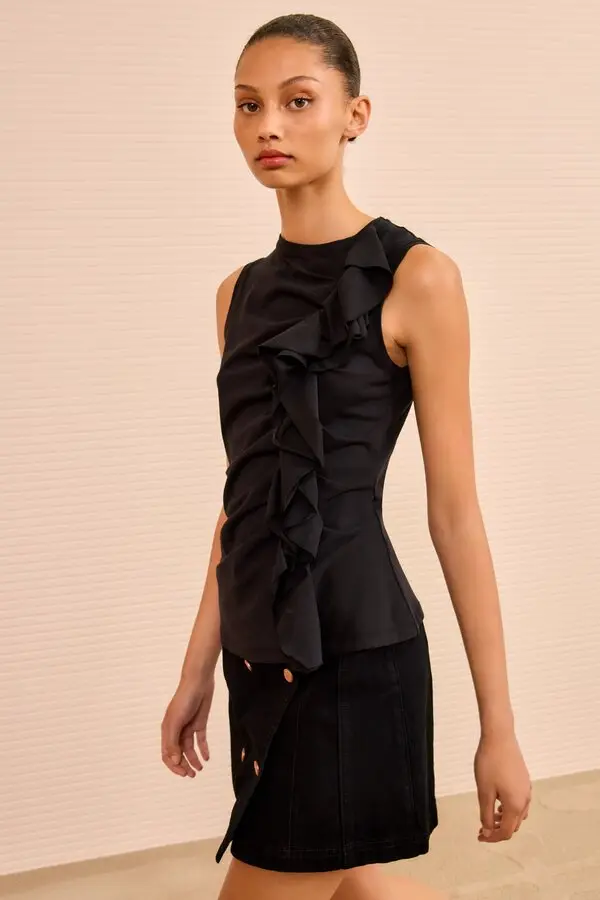 Ulla Johnson Clio Ruched Ruffle Top - Noir