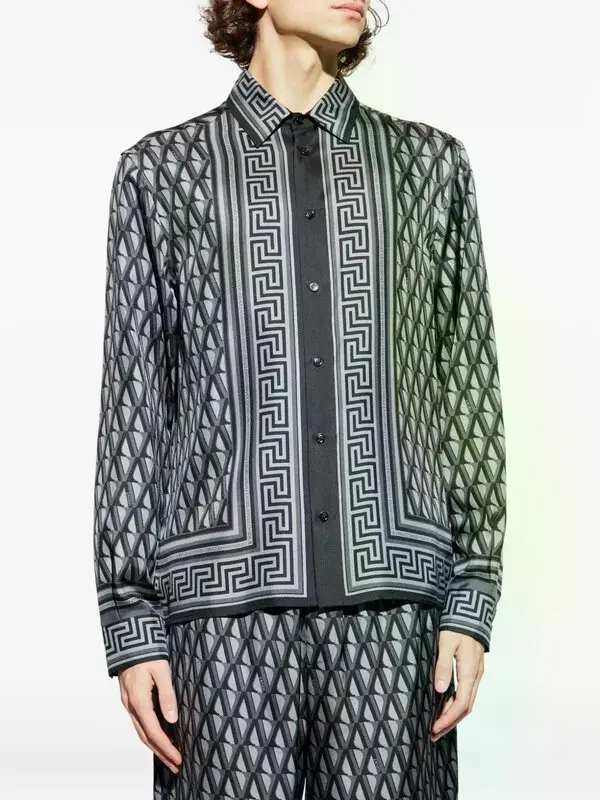Versace Geometric Print Logo Button-up Shirt - Grey