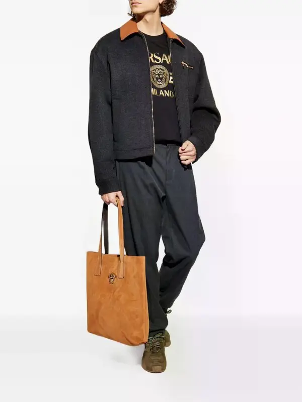 Versace Wool Zip-fastening Jacket With Leather Collar - Grey
