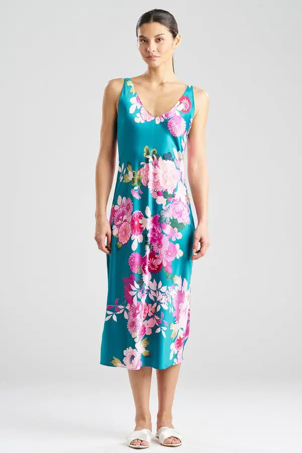 Natori Empress Printed Satin Slip Dress - Green