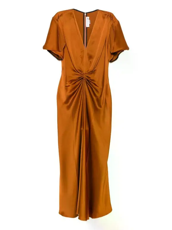 Victoria Beckham Gathered Satin Dress - Brown