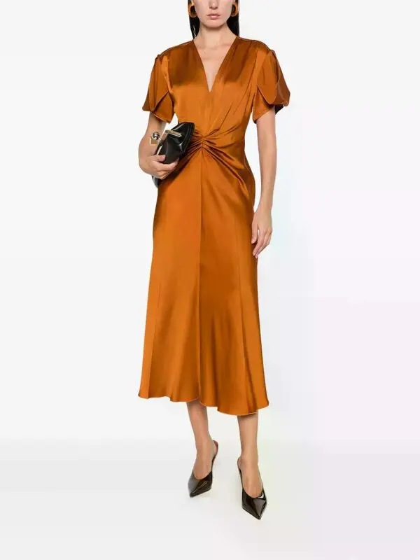 Victoria Beckham Gathered Satin Dress - Brown