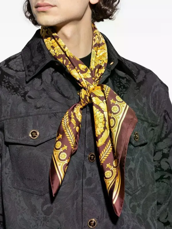 Versace Large Barocco Printed Silk Scarf - Brown