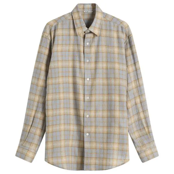 Auralee Airy Wool Check Shirt - Light Blue × Beige