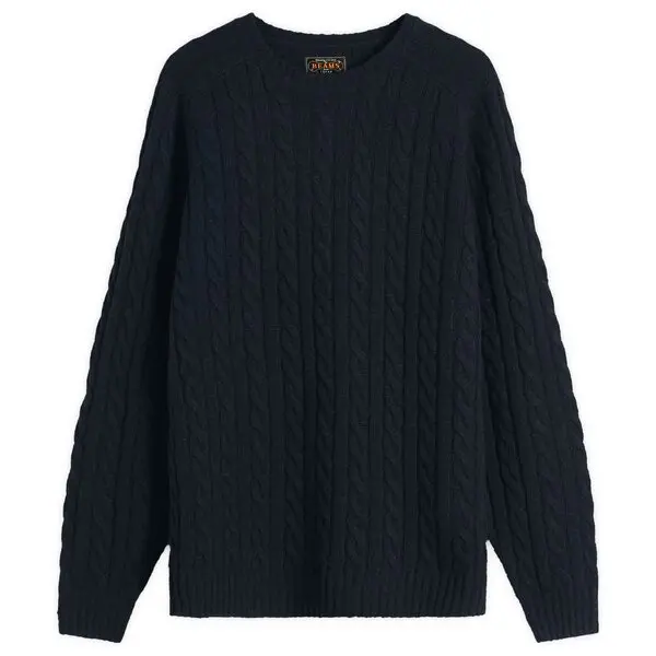 BEAMS Cable Knit Crew Neck Jumper - Navy