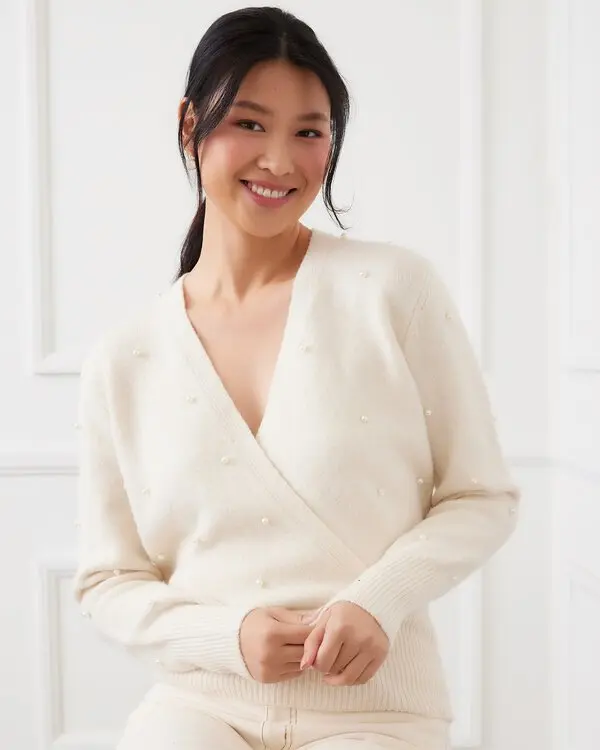 Karen Kane Embellished Faux Wrap V-neck Sweater - Oat
