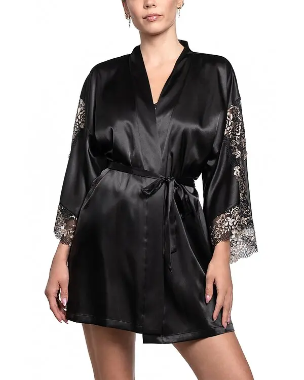 IN BLOOM BY JONQUIL Lace Trim Satin Wrap Robe - Black