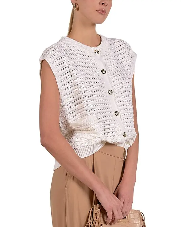 Elan Sleeveless Open Knit Cardigan With Button Detailing - White