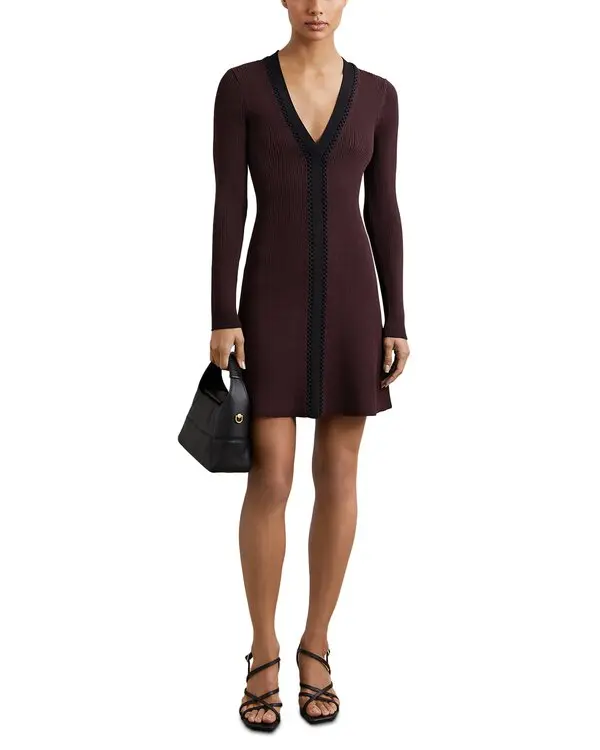 Reiss - Burgundy/black Craft-stitch Rib-knit Mini Dress, S