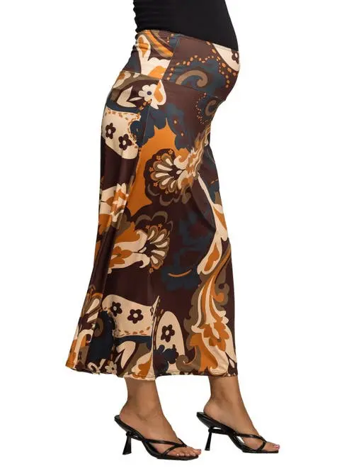 24SEVEN COMFORT APPAREL Printed Elastic Waist Maxi Skirt - Brown Multi