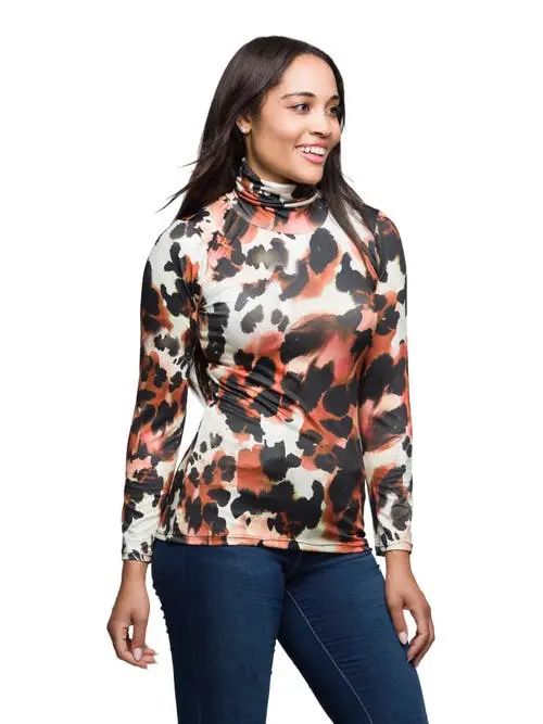 24SEVEN COMFORT APPAREL Long Sleeve Turtleneck Animal Print Top