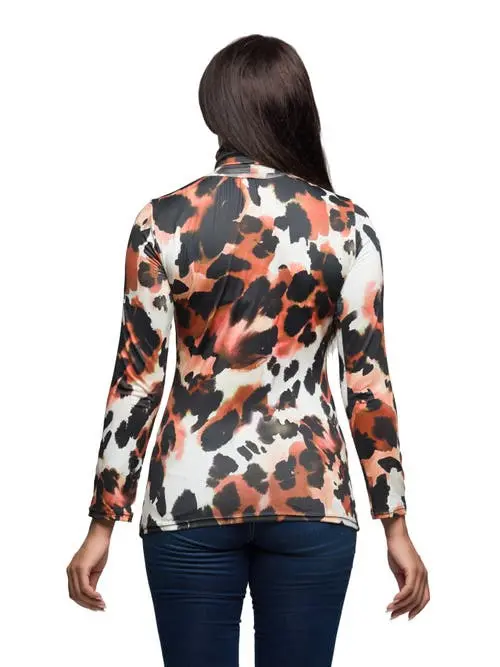 24SEVEN COMFORT APPAREL Long Sleeve Turtleneck Animal Print Top