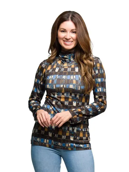24SEVEN COMFORT APPAREL Mock Neck Long Sleeve Printed Top - Brown Multi