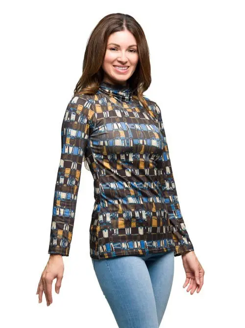 24SEVEN COMFORT APPAREL Mock Neck Long Sleeve Printed Top - Brown Multi