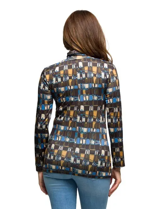 24SEVEN COMFORT APPAREL Mock Neck Long Sleeve Printed Top - Brown Multi