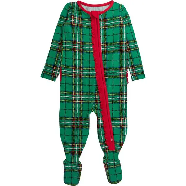 RUFFLEBUTTS Modal Blend Ruffle One Piece Footie Pajamas - Green Nicholas Plaid