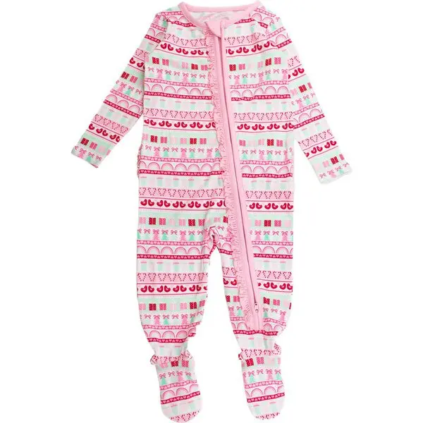 RUFFLEBUTTS Modal Blend Ruffle One Piece Footie Pajamas - Pinkmas Fair Isle