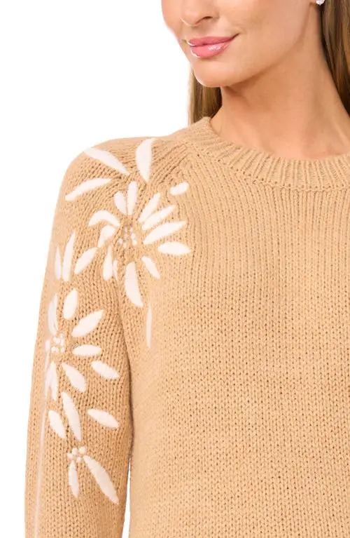 Halogen Embroidered Floral Long Sleeve Sweater - Latte Heather