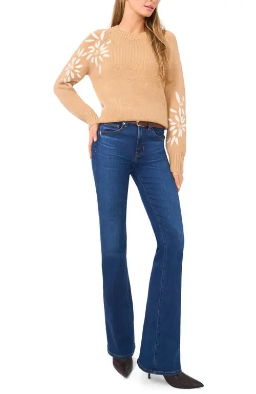 Halogen Embroidered Floral Long Sleeve Sweater - Latte Heather