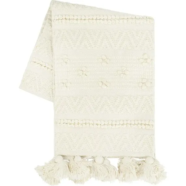 STORIED HOME 72" Woven Cotton Textured Table Runner With Pom Poms & Tassels - Cream