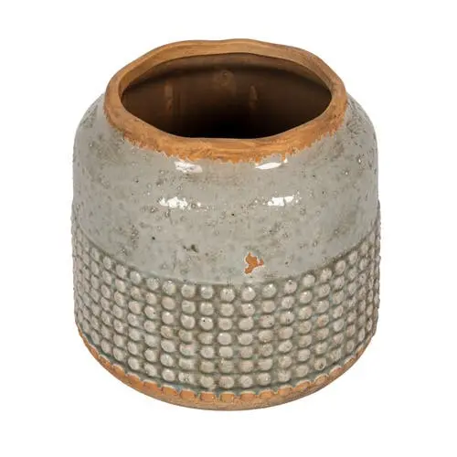 STORIED HOME Round Terra-cotta Hobnail Planter Vase With Heavily Distressed Finish - Gray