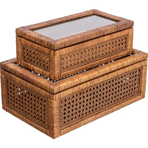 STORIED HOME Modern Decorative Rectangle Woven Rattan And Wood Display Boxes With Glass Top - Brown
