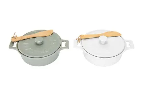 STORIED HOME Round Lidded Stoneware Brie Bakers With Wood Spreaders - Grey