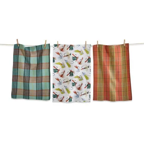 TAG Set Of 3 Fishing Flies Print Green Plaids Kitchen Towels - Multicolored