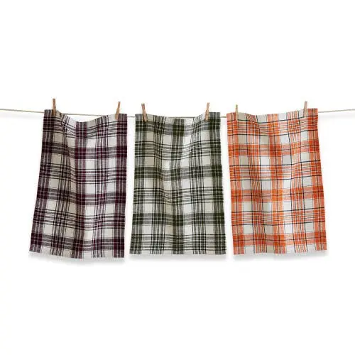 TAG Set Of 3 Autumn Plaid Dishtowels For Fall Kitchen Use - Multicolored