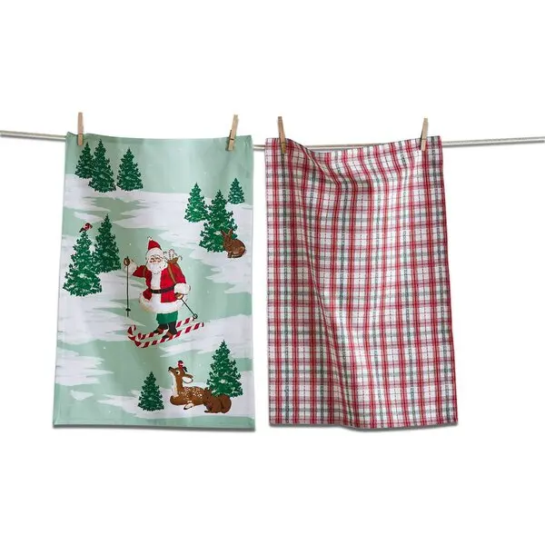 TAG Skiing Santa Dishtowel Set Of 2colorful Cotton Towels - Multicolored