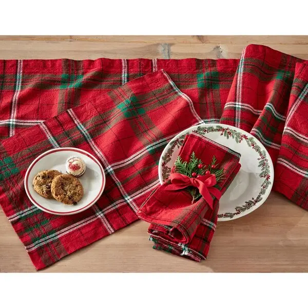 TAG Sleigh Ride Holiday Tartan Plaid Green Table Runner - Red