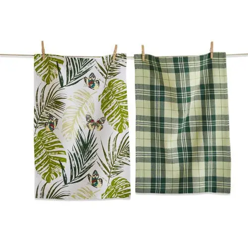 TAG Set Of 2 Palm Butterfly Print Black Stripe Dishtowels - Green