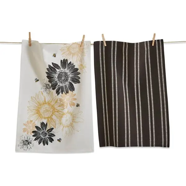 TAG Set Of 2 Black Yellow Sunflower Print Cotton Dishtowels - Beige