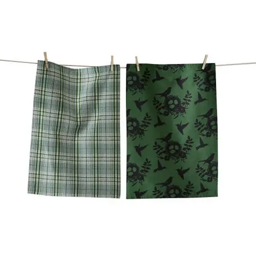 TAG Hummingbird Dishtowel Set Of Two Multicolor Cotton Towels - Green