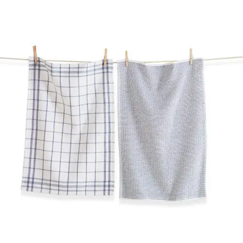 TAG Classic Cotton Set Of 2 Checked Solid Terry Cloth Towels - Blue
