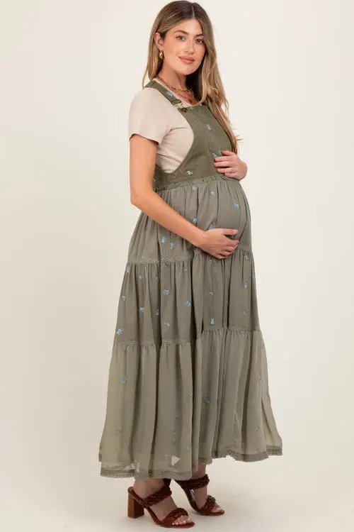 Pinkblush Floral Embroidered Maternity Skirtall - Olive Green | Editorialist