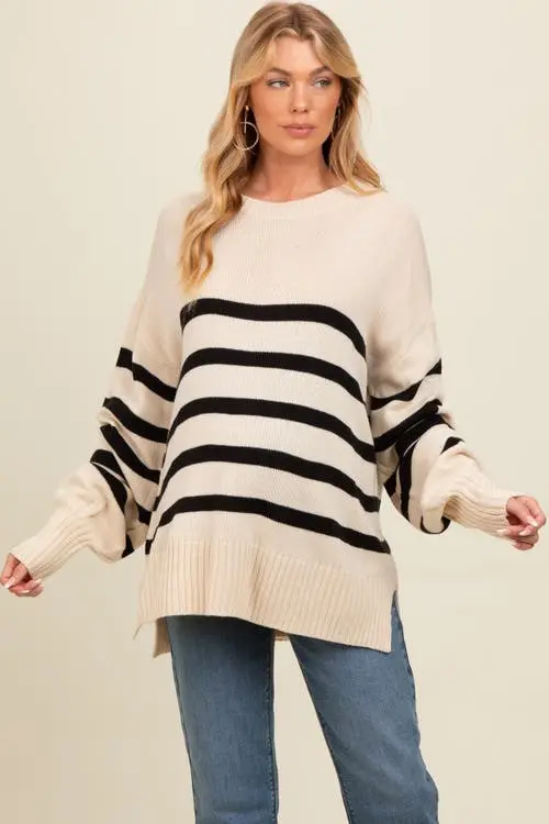 PINKBLUSH Striped Oversized Side Slit Sweater - Taupe