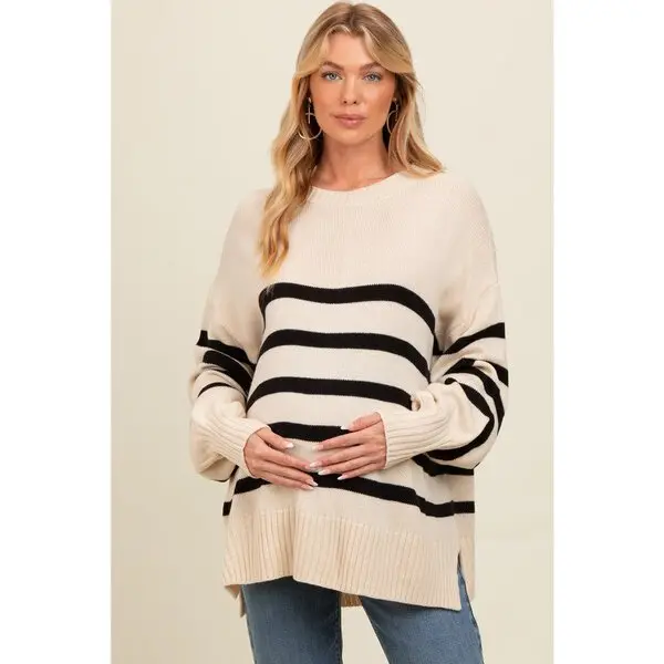 PINKBLUSH Striped Oversized Side Slit Sweater - Taupe
