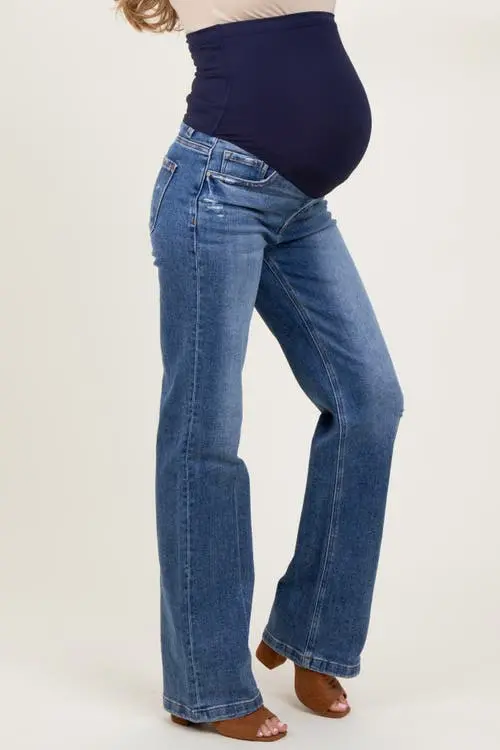 PINKBLUSH Lightly Distressed Maternity Straight Leg Jeans - Blue