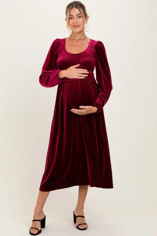 Pinkblush Velvet Smocked Long Sleeve Midi Dress - Burgundy | Editorialist
