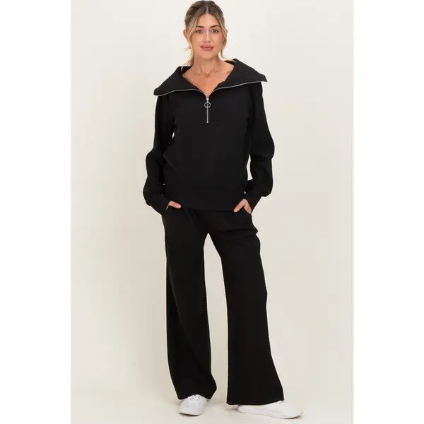 PINKBLUSH Ribbed Half Zip Pullover Wide Leg Pant Set - Black