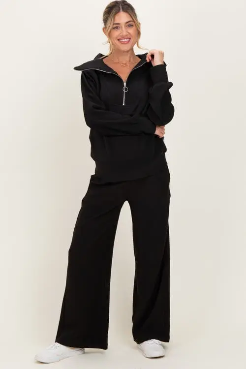 PINKBLUSH Ribbed Half Zip Pullover Wide Leg Pant Set - Black