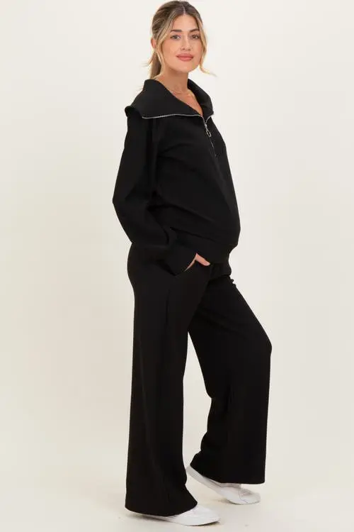 PINKBLUSH Ribbed Half Zip Pullover Wide Leg Pant Set - Black