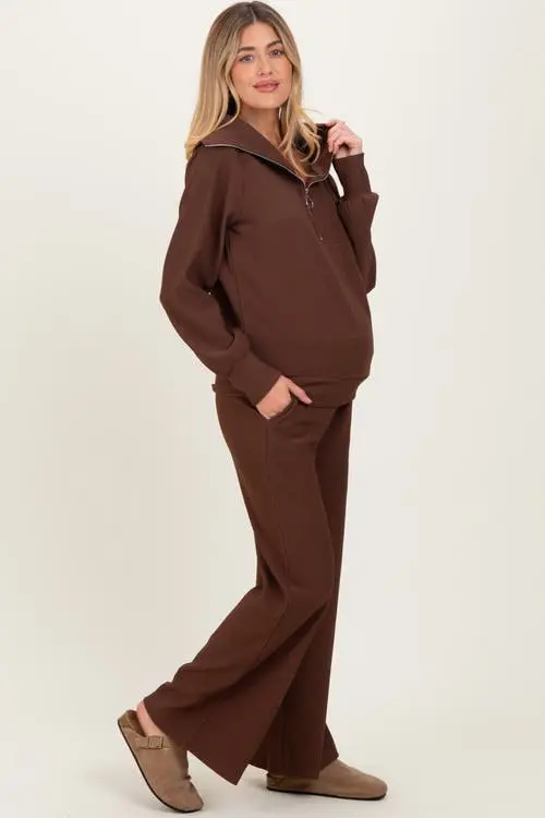 PINKBLUSH Ribbed Half Zip Pullover Wide Leg Pant Set