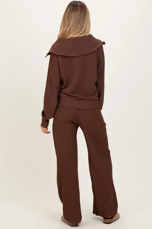 PINKBLUSH Ribbed Half Zip Pullover Wide Leg Pant Set