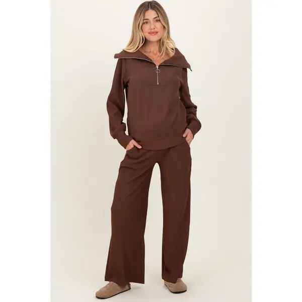 PINKBLUSH Ribbed Half Zip Pullover Wide Leg Pant Set